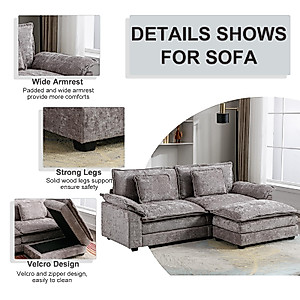 URRED Sectional Sofa Couch, Modern Chenille Sofa Sleeper Deep Seat Couches with Ottoman/Pillows for Living Room, Grey