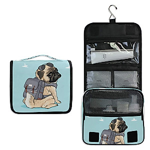 ALAZA Pug Dog Blue Travel Toiletry Bag Hanging Multifunction Cosmetic Case Portable Makeup Pouch Organizer with Hook
