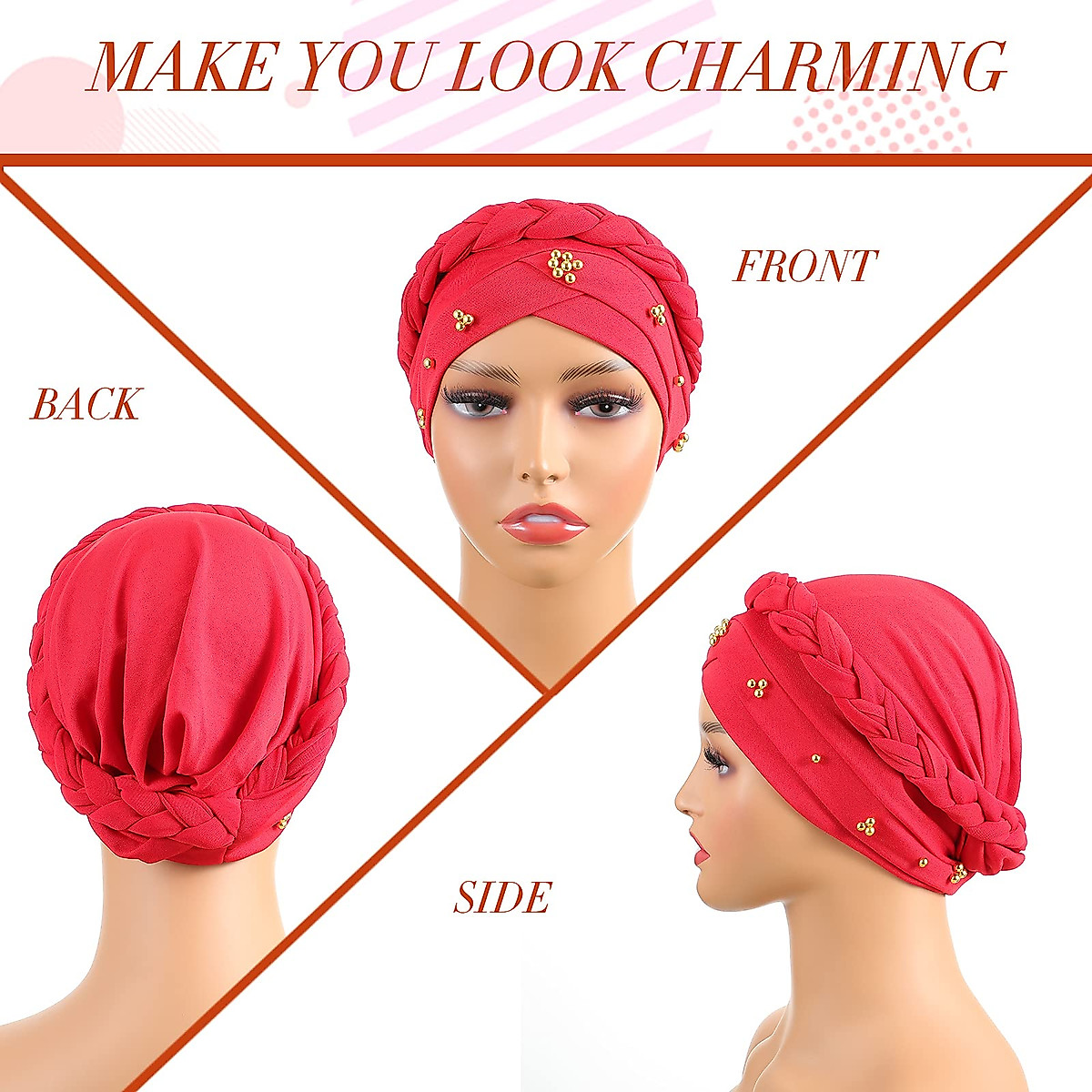 SATINIOR 6 Pieces Women African Turban Caps Twisted Braid Beaded Head Wraps Bonnet Beanie Headscarf Solid Color Elastic Wrap Cap for Women