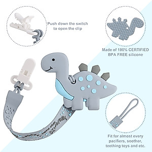 Baby Teething Toys, Dinosaur Teether Pain Relief Toy with One Piece Design Silicone Pacifier Clip Holder Set for Newborn Babies, Freezer Safe Neutral Shower Gift for Boy and Girl(Grey)