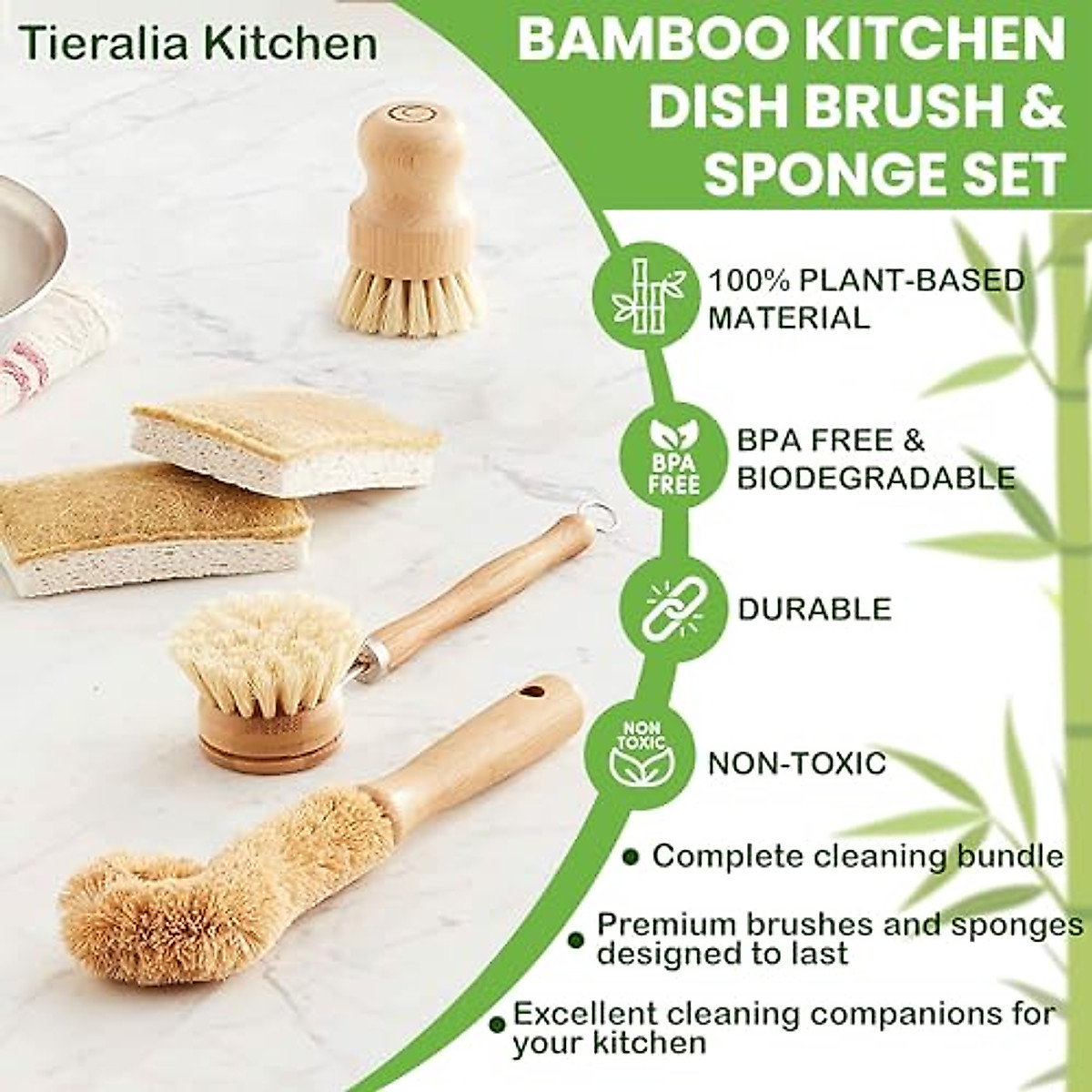 Tieralia 5-Piece Eco-Friendly Bamboo Dish Brush Set with Compostable Wood Pulp Sponges | Bamboo Kitchen Cleaning Set