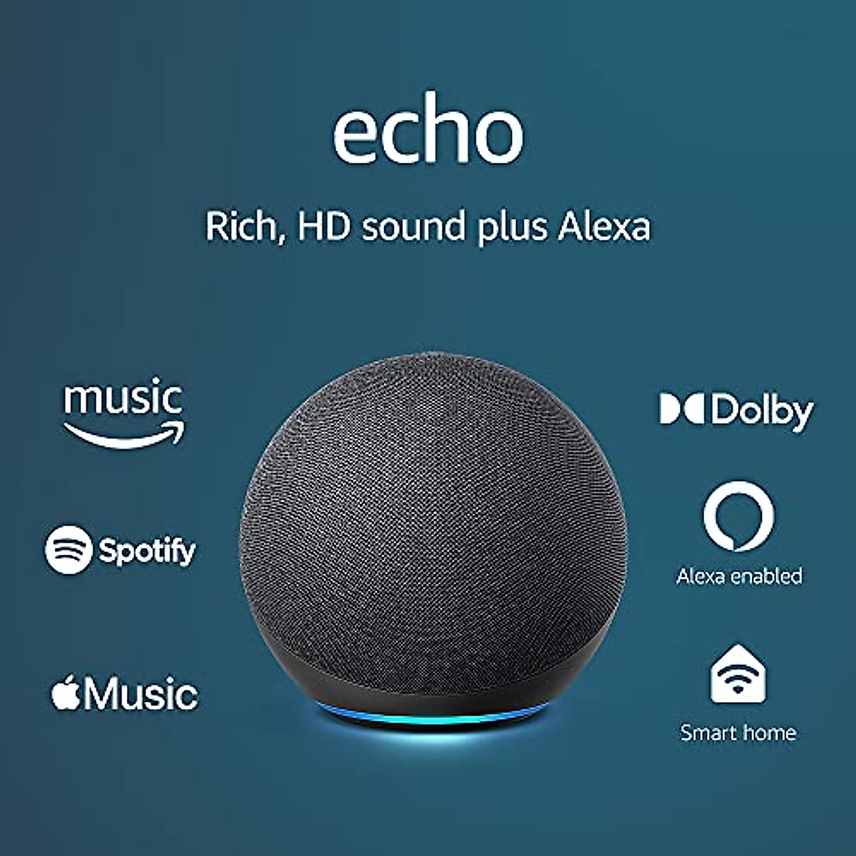 Echo (4th Gen)| Charcoal with Amazon Basics Smart Color Bulb