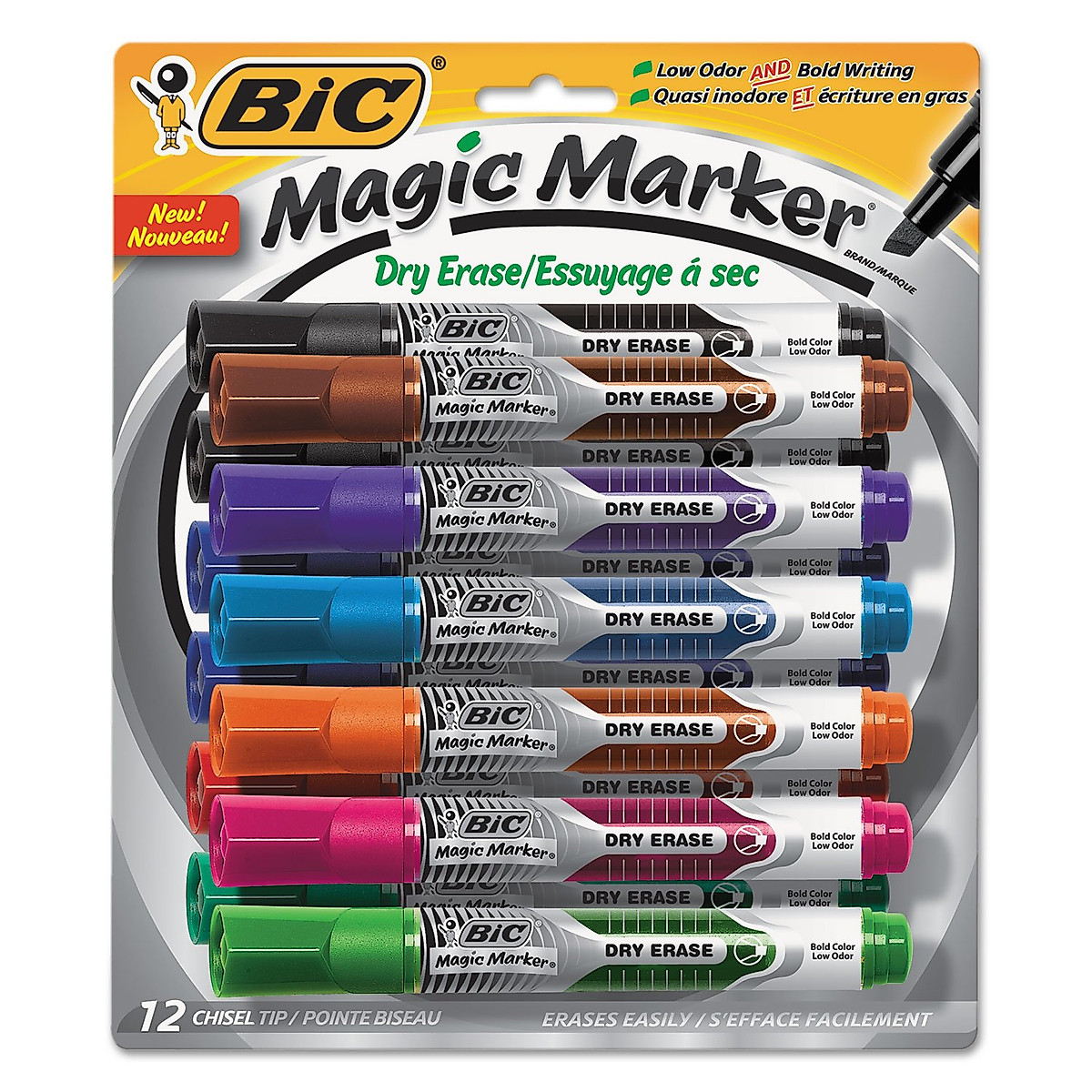 BIC GELITP121AST Low Odor and Bold Writing Dry Erase Marker Chisel Tip Assorted Dozen