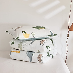 Joyreap Dinosaur Kids Cotton Comforter Set for Boys Girls, Twin Size 3pcs Cotton Bedding Comforter, Fresh Green Dinosaurs on White Design, Skin-Friendly Breathable for All Season- 68x88 inches