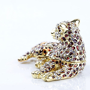 SEVENBEES 24K Golden Leopard Jewelry Trinket Boxes Hinged Hand Painted Enameled Leopard Figurine Gift