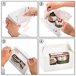 Jucoan 60 Pack White Cupcake Boxes with Insert, Handle and Window Hold 2 Standard Cupcakes, Kraft Paper Cupcake Container, Portable Cupcake Holder, Bakery Pastry Container for Cupcake, Muffins