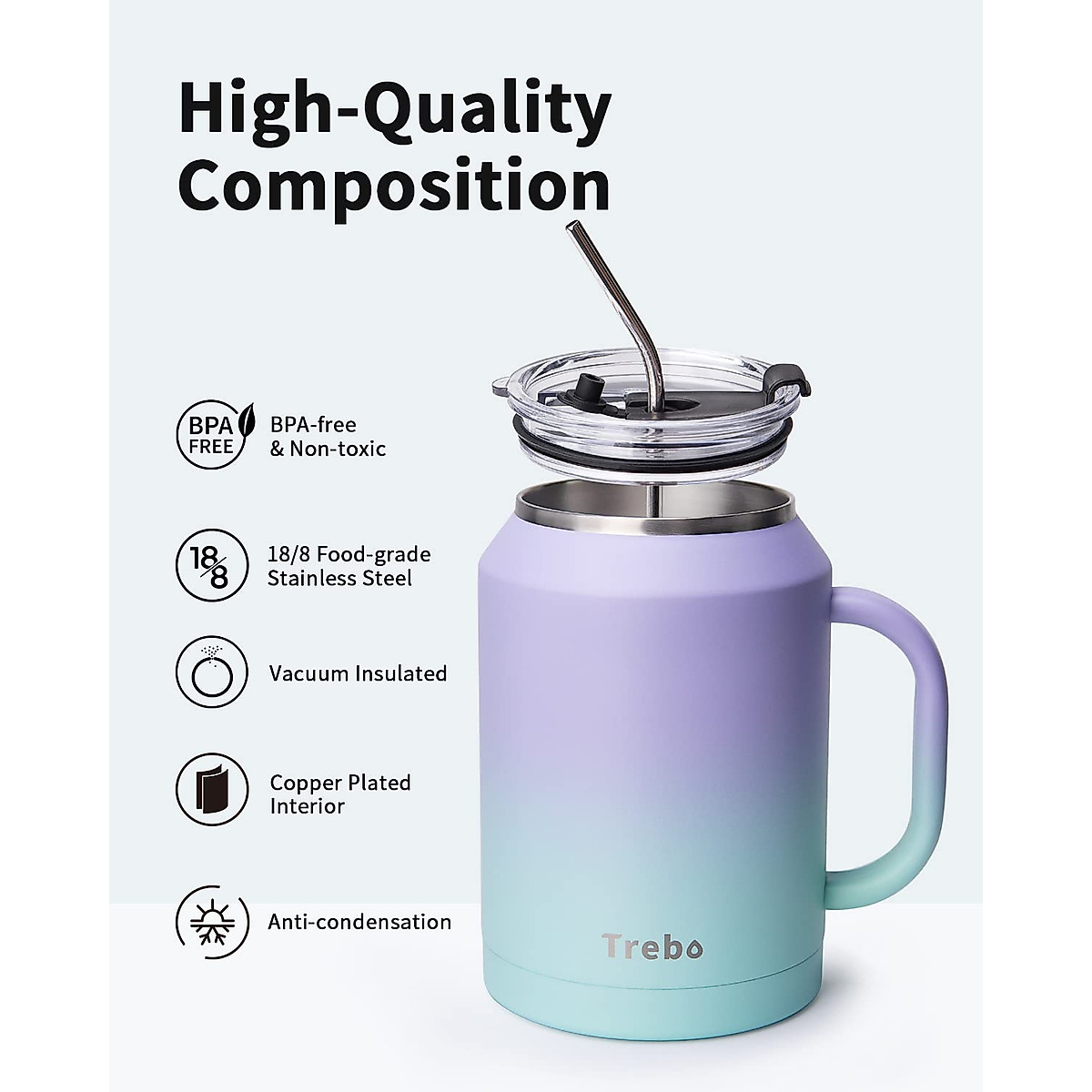 Trebo Water Bottle 64oz with Paracord Handle, Half Gallon Food-grade Double Wall Vacuum Stainless Steel Insulated Jug with Straw Spout Handle Lids,&Trebo 50 oz Mug Tumbler with Handle, Coffee Cup