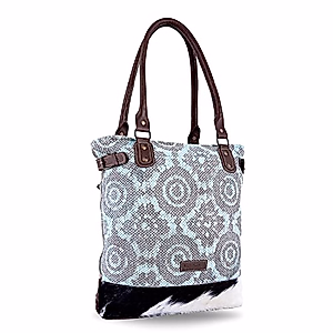 Tote Bags for Women by Sixtease - Large Tote Bag with Zipper Top - Genuine Leather Strap, Upcycled Canvas, Rug, Hair On and Hardware Accents - Vintage Style Hand Stitched - Tatum