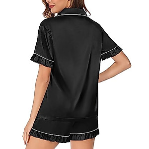 SWOMOG Women Silk Satin Pajama-Sets Short Sleeve Sleepwear Summer Loungewear 2 Pcs Nightwear Ruffle Hem Pyjamas Black