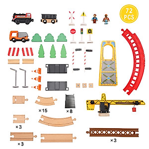 Giant bean 72PCS Tower Crane Wooden Train Set, Toy Battery Operated Train Track for Boys and Girls 3-7, Fit Thomas The Train, Brio, Melissa & Doug