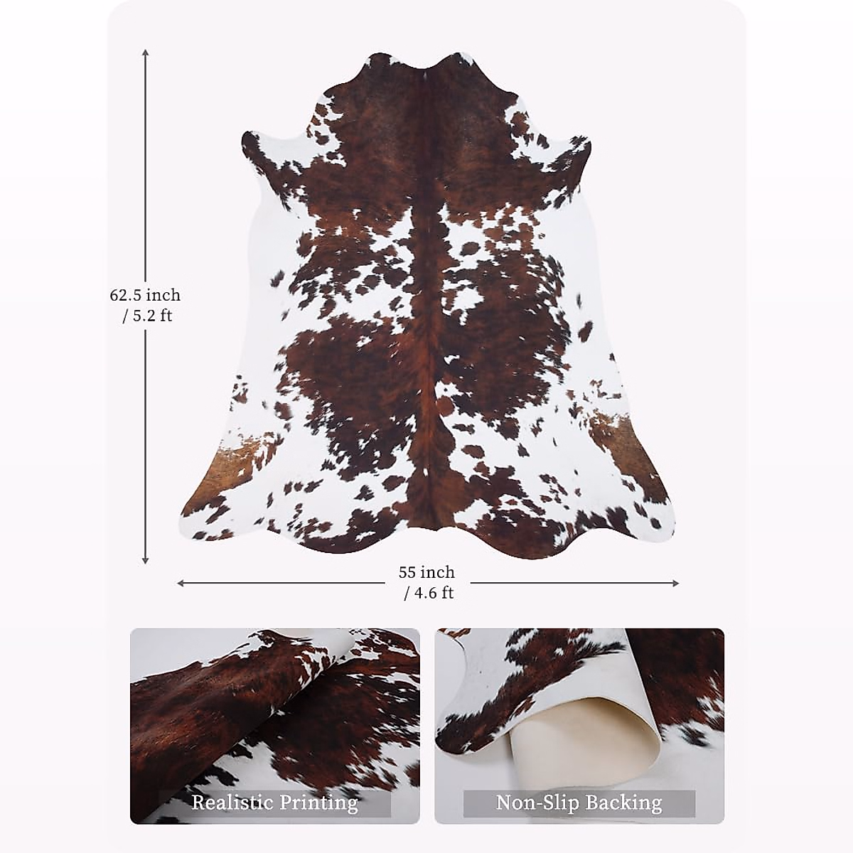 Guyekobe Cowhide Rug 5.2X4.6 ft Cow Print Rug Animal Print Area Rugs for Western Decor Western Rugs for Living Room Bedroom Decor Durable Non-Slip Cow Hide