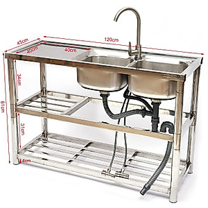 Commercial Restaurant Sink,Stainless Steel Utility Sink Free-standing Kitchen Sink,Double Bowl Kitchen Sinks with Strainer,304 Stainless Steel Freestanding Kitchen Sink