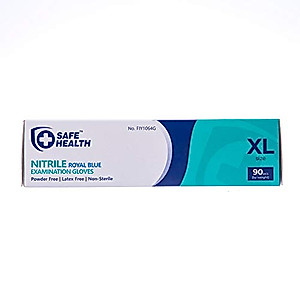 Safe Health Blue Nitrile Exam Gloves, 90-Count S M L XL, 3.5 Mil Free of Powder-Latex, Disposable-Textured, Clinic-Office-Daily, Medical, First-Aid, Clinics, Extra-large (Xl) Box 90, FIY1064G