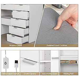 Karl home Vanity Desk with Sliding Mirror, 6-Drawer Makeup Vanity, Bedroom Makeup Desk, Vanity Table with Adjustable Brightness & 3 Colour Light Modes,White