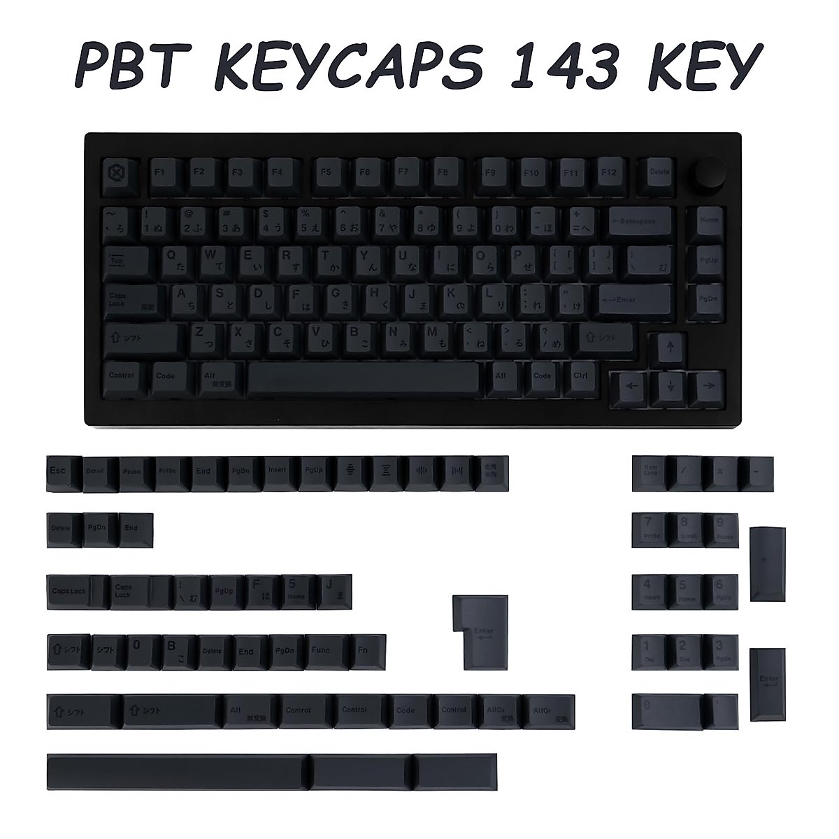 JOLINTAL 143 Keys Grey on Black Keycaps Set, Japanese Keycaps Custom Keycaps Black on Grey Keycaps, PBT Cherry Profile Keycaps for Mechanical Keyboard