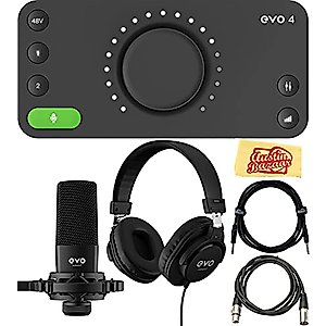 Audient EVO Start Recording Bundle with EVO 4 2-In/2-Out USB Audio Interface, SR1 Condenser Mic, SR2000 Headphones, Shockmount, XLR Cable, Instrument Cable, and Austin Bazaar Polishing Cloth