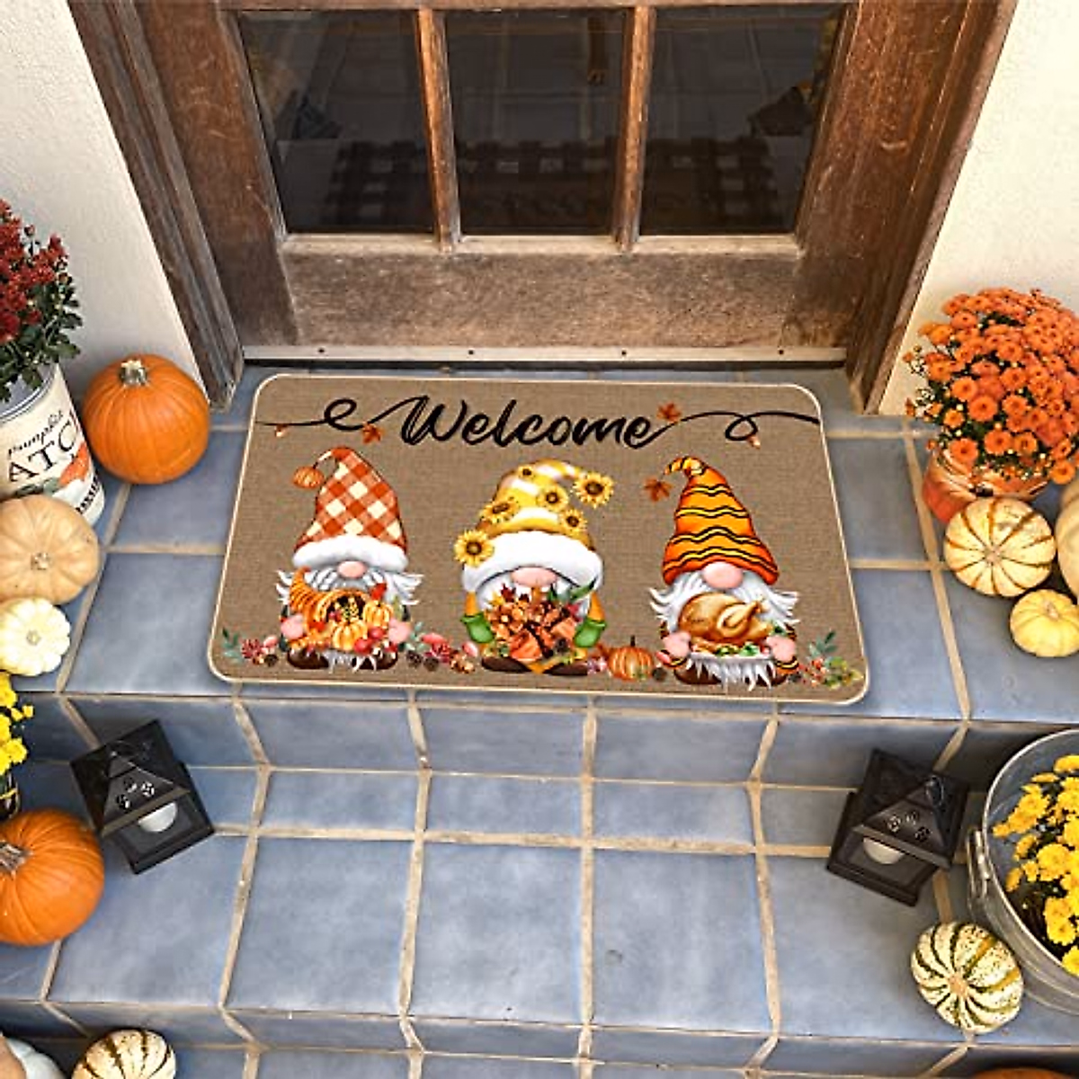 TREWAVE Fall Welcome Decorative Doormat Gnome Non-Slip and Washable Door Mat Pumpkin Sunflower Turkey Maple Leaf Fall Harvest Thanksgiving Floor Mat Indoor Outdoor 17 x 29 Inch
