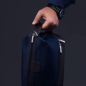 Vetell Leo Large Leather Men's Travel Toiletry and Shaving Case Bag with Upper and Lower Zippered Compartments, 3 Interior Loops and Carrying Handles