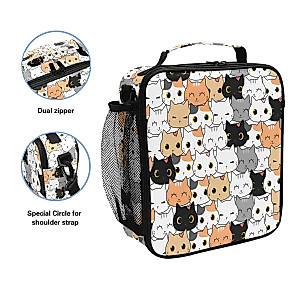 Cute Cats Kitten Pattern Lunch Bag Box Insulated Cooler Lunch Tote Bag Meal Organizer with Shoulder Strap for Women Girls Boys School