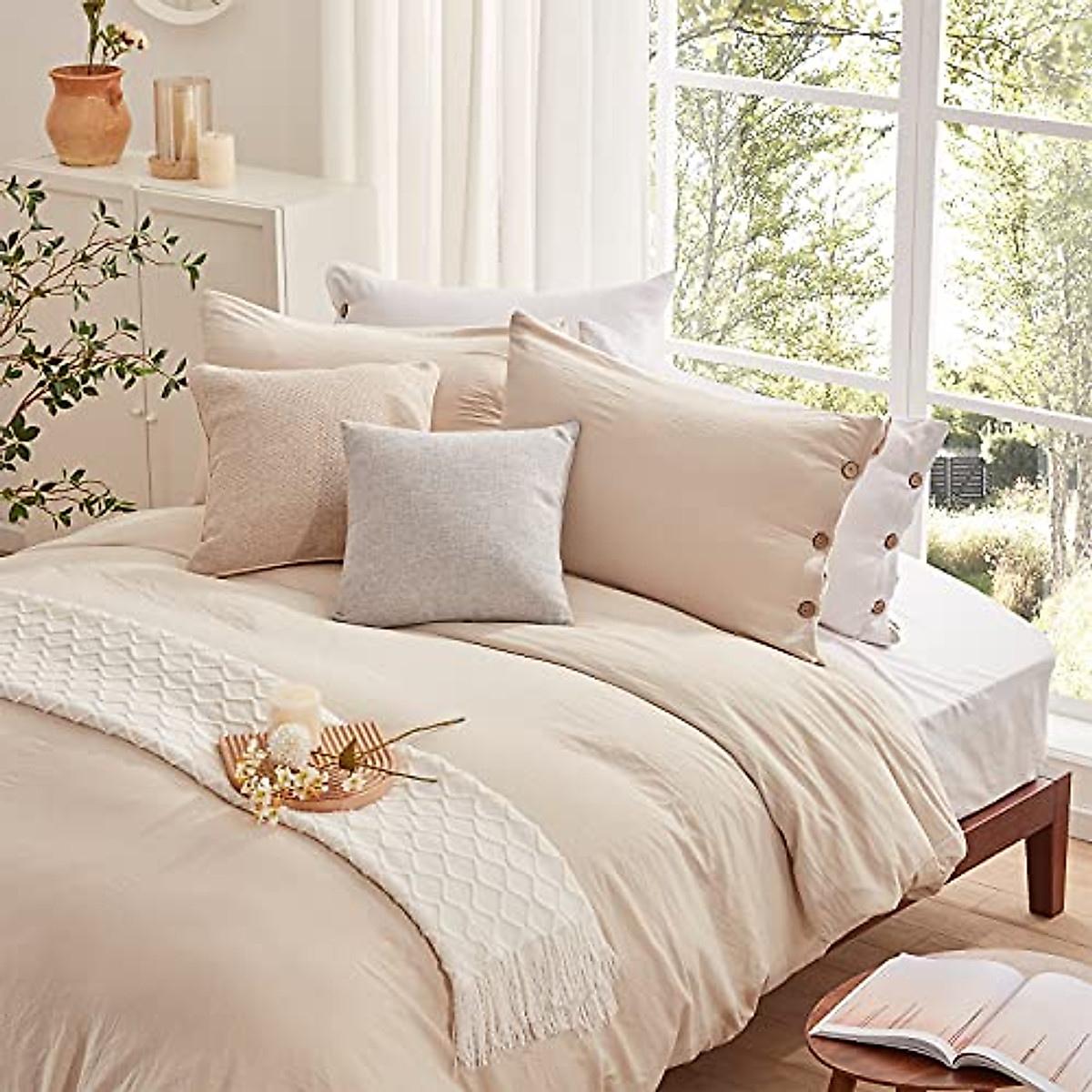 NexHome Beige Duvet Cover Sets King Size 3 Piece Double Brushed Microfiber King Duvet Cover with Button Closure & Corner Ties 1 King Breathable and Soft Duvet Cover 104x90 inches + 2 Pillow Shams