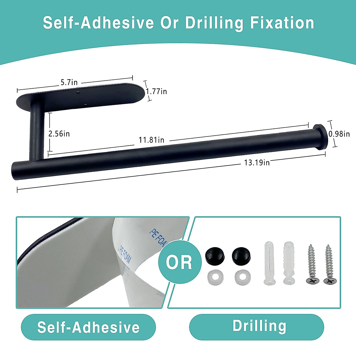 Paper Towel Holder, Self Adhesive or Drilling Paper Towel Holder Under Cabinet, Stainless Steel Black Paper Towel Holder Wall Mount for Kitchen, Bathroom, Sink, Pantry, Fridge