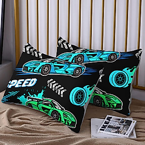 HOSIMA Child's Cartoon Sports Car Fitted Sheet 3Piece Set with 2 Pillowcases,Racing Car Bedding for Boys and Girls,Fast and Furious Extreme Sport Games Fitted Sheet,Black Twin Fitted Sheet Set.