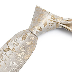 DiBanGu Champagne Gold Necktie and Pocket Square Cufflinks Champagne Floral Tie Set for Men Wedding Party