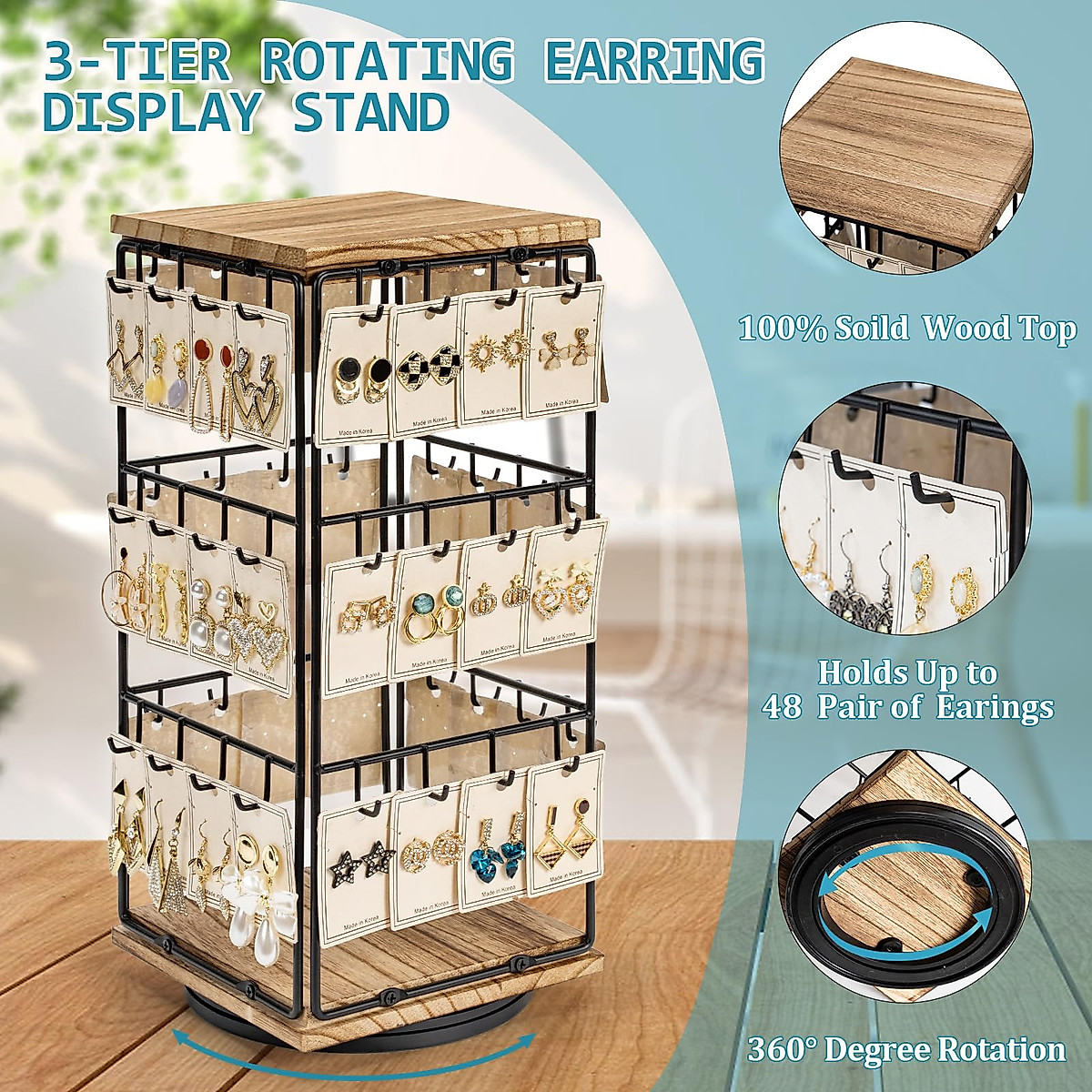 Yoimori 360 Rotating Earring Display Stands for Selling, Earring Rack Display Holder Stand, Jewelry Display for Vendors Selling Earring Cards, Necklaces, Bracelets, Hair Accessories (48 Hooks)