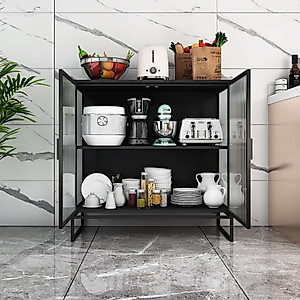 QEIUZON Modern Sideboard Buffet Cabinet, Glass Accent Storage Cabinet Kitchen Console Table TV Stand for Living Room, Dining Room, Bedroom (Black-2 Packs)