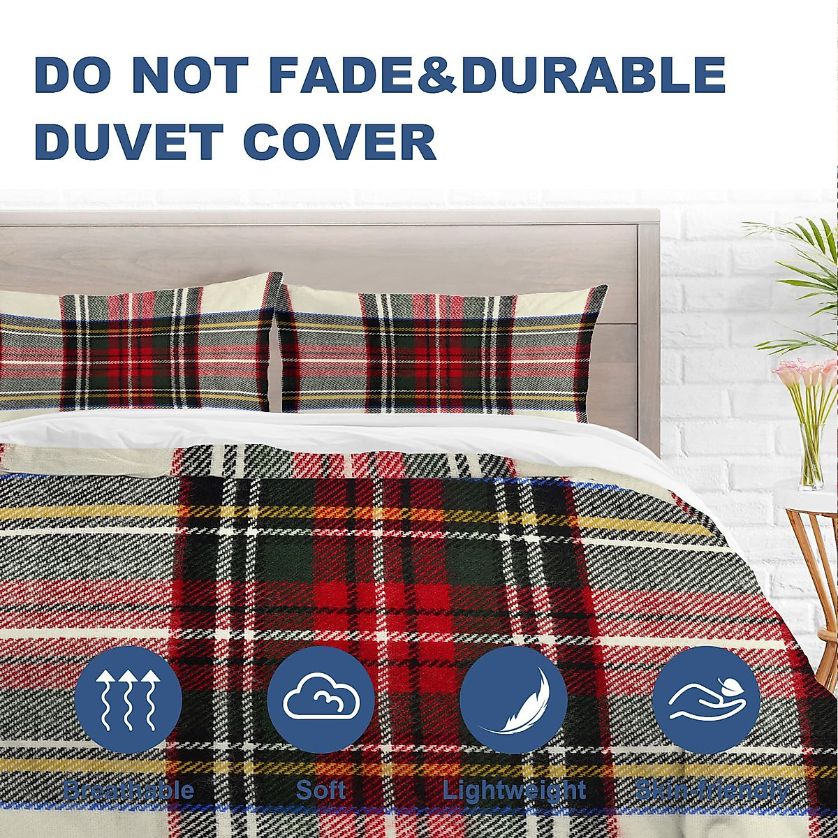 Batmerry Scottish Tartan King Size 3 Pieces Bedding Comforter Cover Sets, Soft Fluffy Green Wool Plaid Symmetric Square Fashion 100% Cotton Printed Duvet Cover for All Season