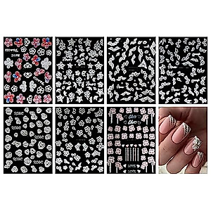 JMEOWIO 7 Sheets 3D Embossed Flower Nail Art Stickers Decals Self-Adhesive Pegatinas Uñas 5D Spring Summer Floral Nail Supplies Nail Art Design Decoration Accessories