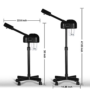 LCD Ozone Facial Steamer Professional for Clean Skin, Skin Care Use at Home, Beauty Salon, Spa with Hot Mist, Timer Function, Adjustable Height, Rolling Wheels - Black