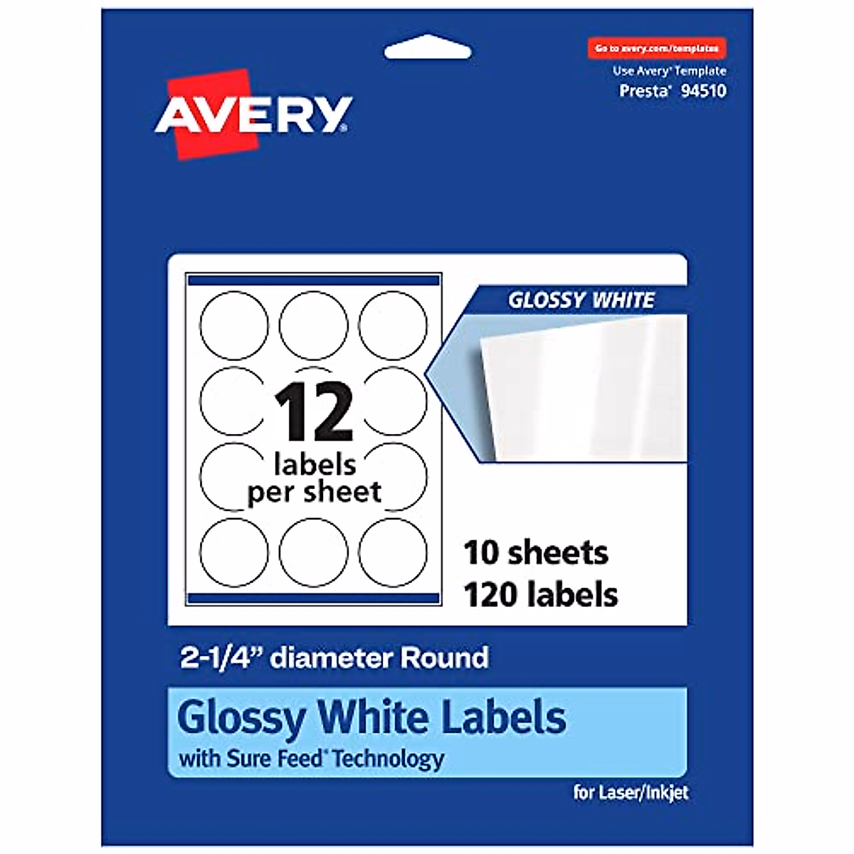 Avery Glossy White Round Labels with Sure Feed, 2.25" Diameter, 120 Glossy White Labels, Print-to-The-Edge, Permanent Label Adhesive, Laser/Inkjet Printable Labels