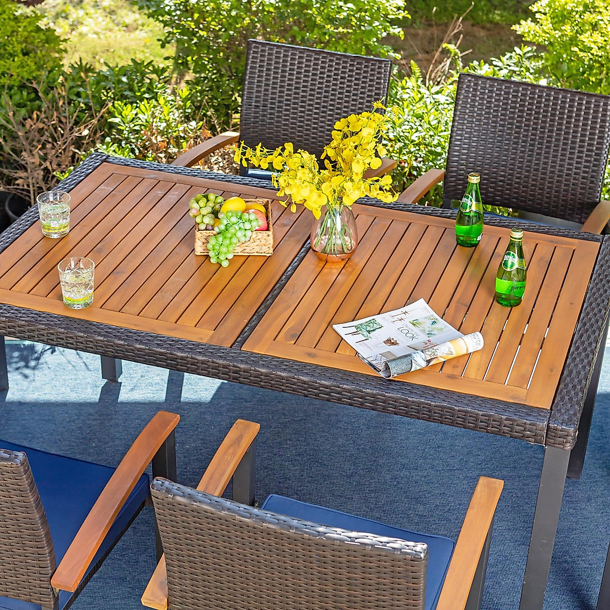 Sophia & William Outdoor Patio Dining Set Furniture 7 Pieces with 6 Stackable Cushioned Rattan Wicker Chairs and Rectangular Acacia Wood Table for Backyard Deck Garden Lawn Porch Poolside