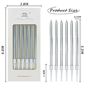 6Pcs Silver Long Thin Birthday Candles for Cake, 5.1 Inch Cake Candles, Wedding Decorations, Birthday Parties ，Cake Decorations，Party Candles, Sparkler Candles