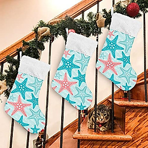 Kigai Christmas Stockings Sea Pattern with Starfish Large Candy Stockings Stuffers Kids Cute Xmas Sock Decorations 1PC for Home Holiday Party 12" x18"