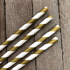 Striped Paper Straws - Gold White - Christmas Holiday Wedding Anniversary Supply - 7.75 Inches - 50 Pack - Outside the Box Papers Brand