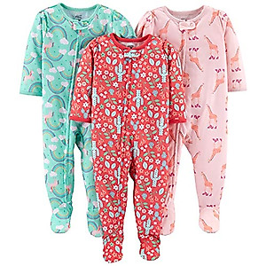 Simple Joys by Carter's Baby Girls' 3-Pack Loose Fit Flame Resistant Polyester Jersey Footed Pajamas, Cactus/Giraffe/Rainbow, 2T