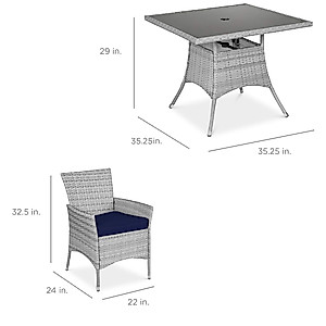 Best Choice Products 5-Piece Indoor Outdoor Wicker Dining Set Furniture for Patio, Backyard w/Square Glass Tabletop, Umbrella Cutout, 4 Chairs - Navy