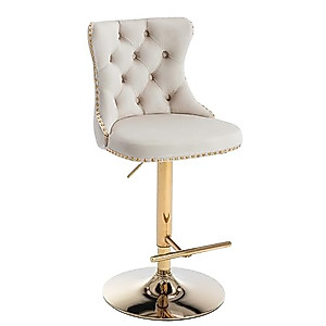 Aoowow Swivel Bar Stools Set of 2,Adjustable Barstools with Back Velvet Tufted Counter Stool Modern Upholstered Bar Chairs with Nailhead for Kitchen Island Restaurant Pub Counter (Beige-Gold)