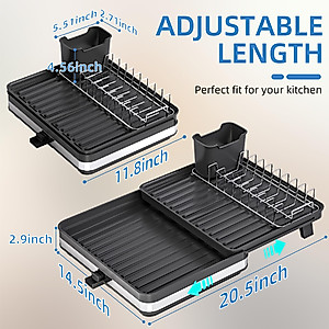 G-TING Dish Drying Rack, Expandable (11.8"-20.5") Large Capacity Dish Rack, Dish Drainer with Stainless Steel Cutlery Rack and Cutlery Bucket, Drying Rack for Kitchen Counter