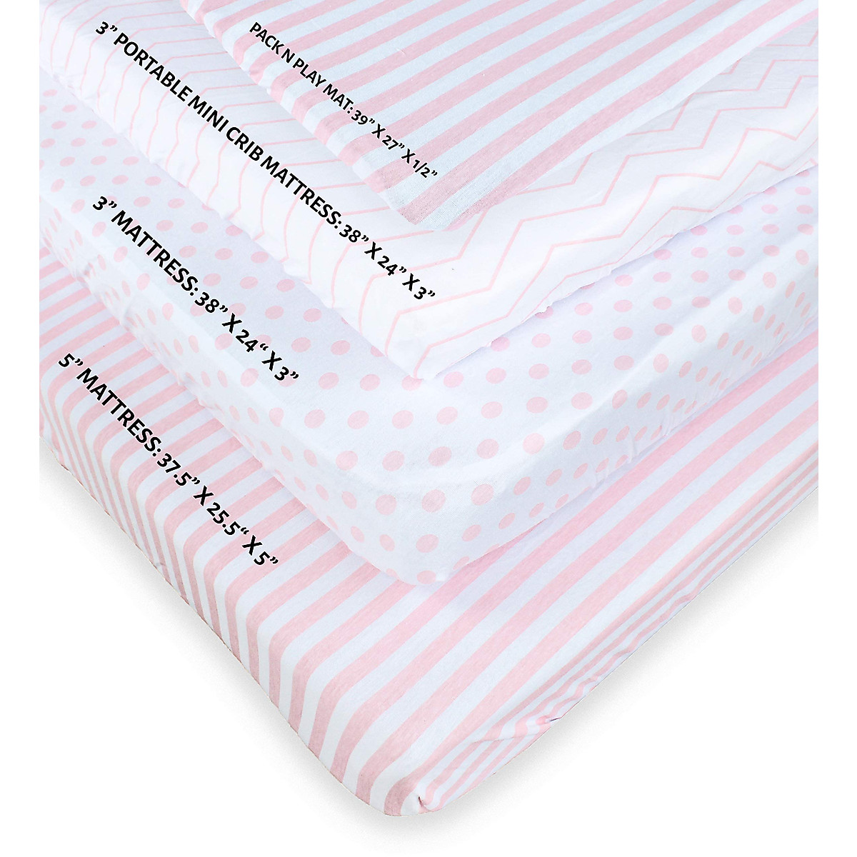 NODNAL CO. 3 Fitted Pink Mini Crib Pack n Play Playard Portable Crib Sheets Set - 100% Oeko-TEX Cotton Baby Girl Nursery Bedding - Chevron, Polka Dot, & Stripe Travel Pack and Play Playpen Sheet