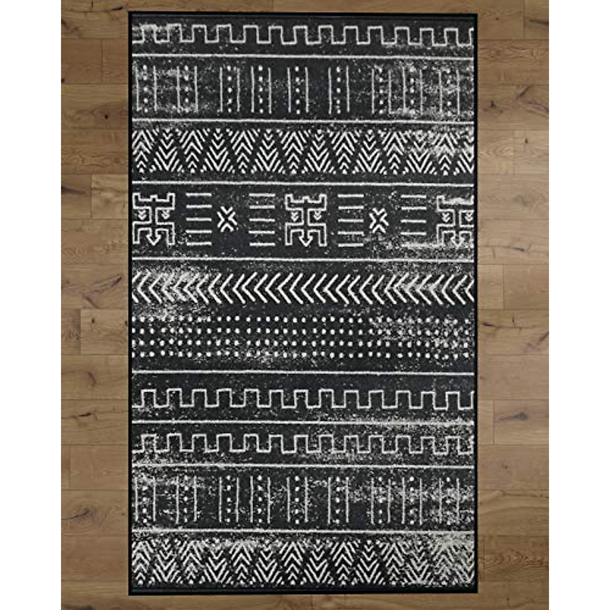 Deerlux Boho Living Room Area Rug with Nonslip Backing, Black Tribal Pattern, 4 x 6 Ft Small