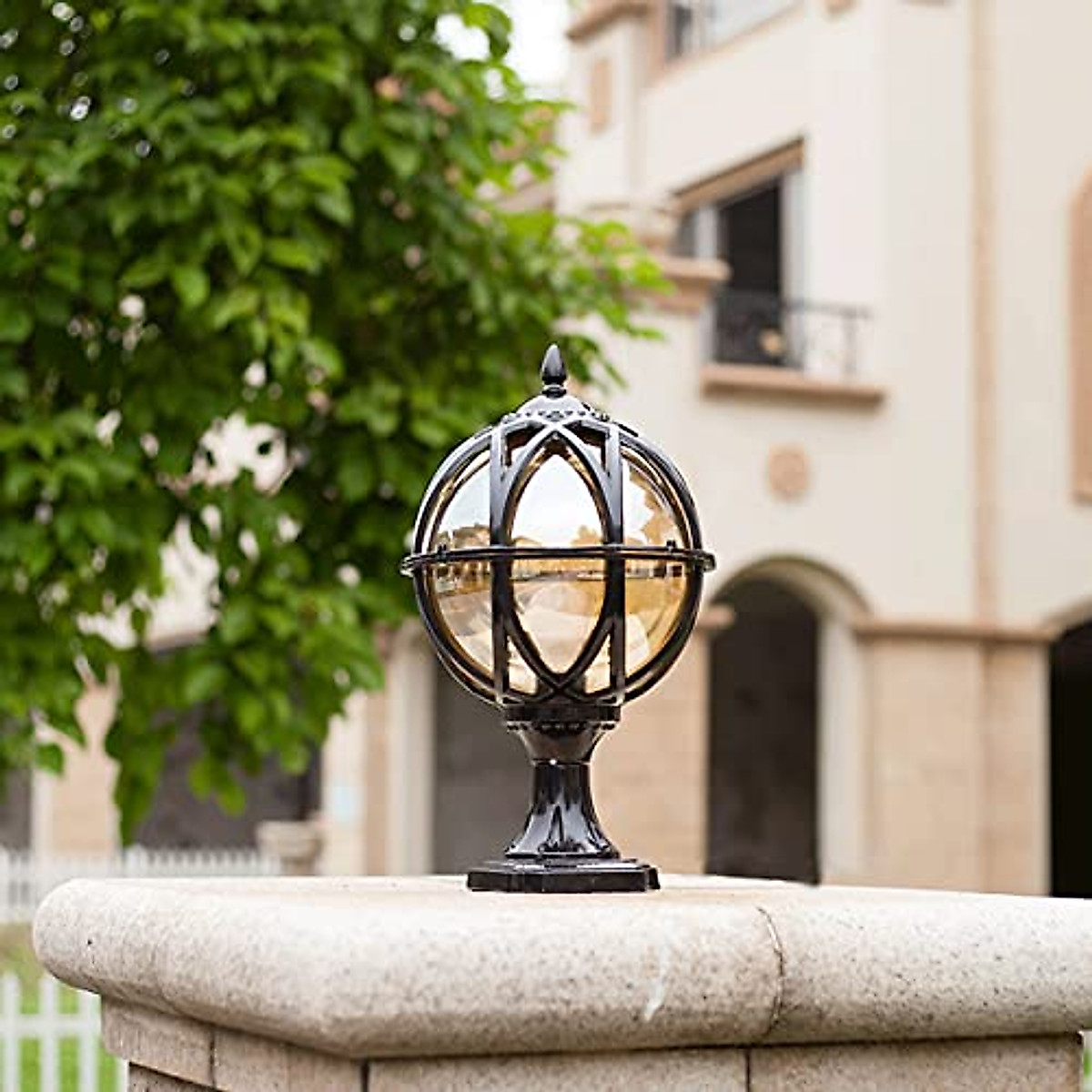 JSBDPHW European Style E27 Pillar Lamp Outdoor Post Light Fixture Creative Spherical Column Light Glass Lampshade Waterproof IP55 Villa Garden Decoration Landscape Light