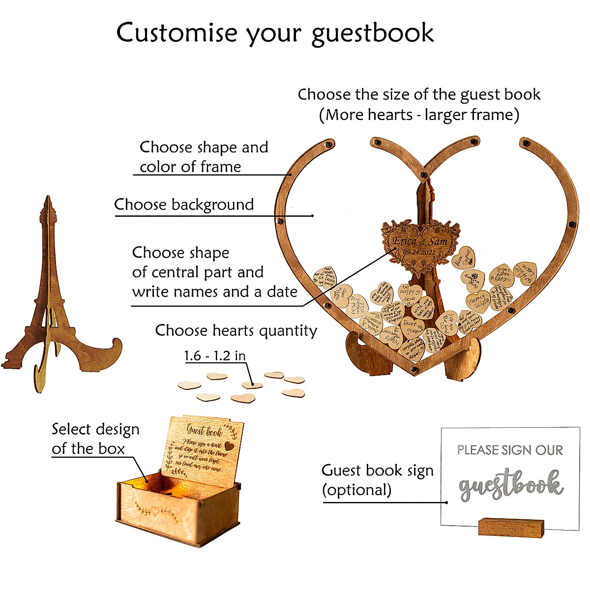 RIZONE Rustic Wedding Guest Book, Heart Drop Guest Book, Personalized Wedding Guest Book Alternative, Heart Frame Wedding Guest Book, Guest Book Sign, Wedding Decor, Wooden Drop Box