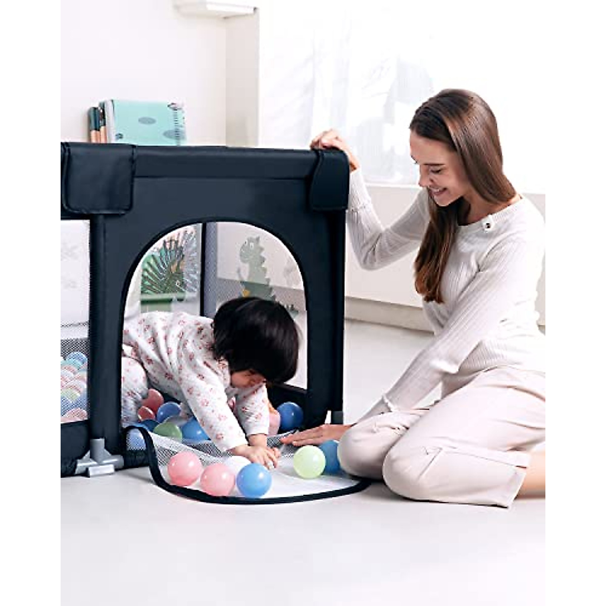 Baby Playpen Play Yard Sturdy, Insugar Playpen for Babies and Toddlers, Portable Small Baby Fence, Safe Play Area with Gate, Breathable Mesh, Dinosaur Printed, BPA-Free, Non-Toxic, Black, 47"x47"x27"