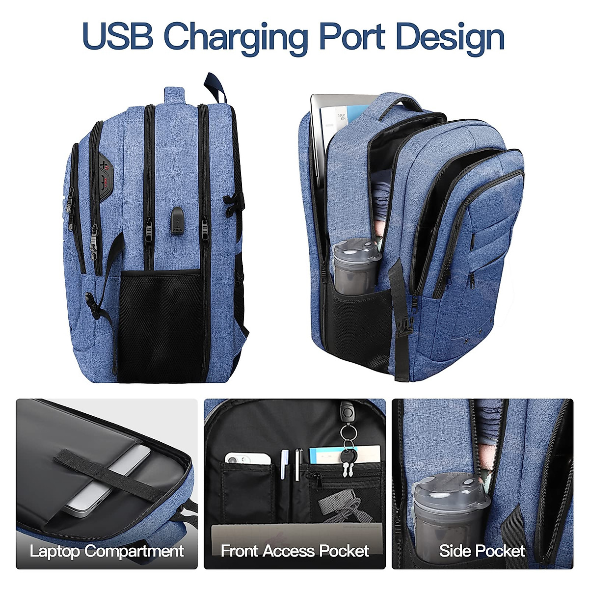 Large Backpack, Travel Backpack, Laptop Backpack, Durable 17 Inch Extra Large TSA Computer Backpacks with USB Charging Port, 40L High Capacity Water Resistant TSA Carry on Computer Business Bag, Blue