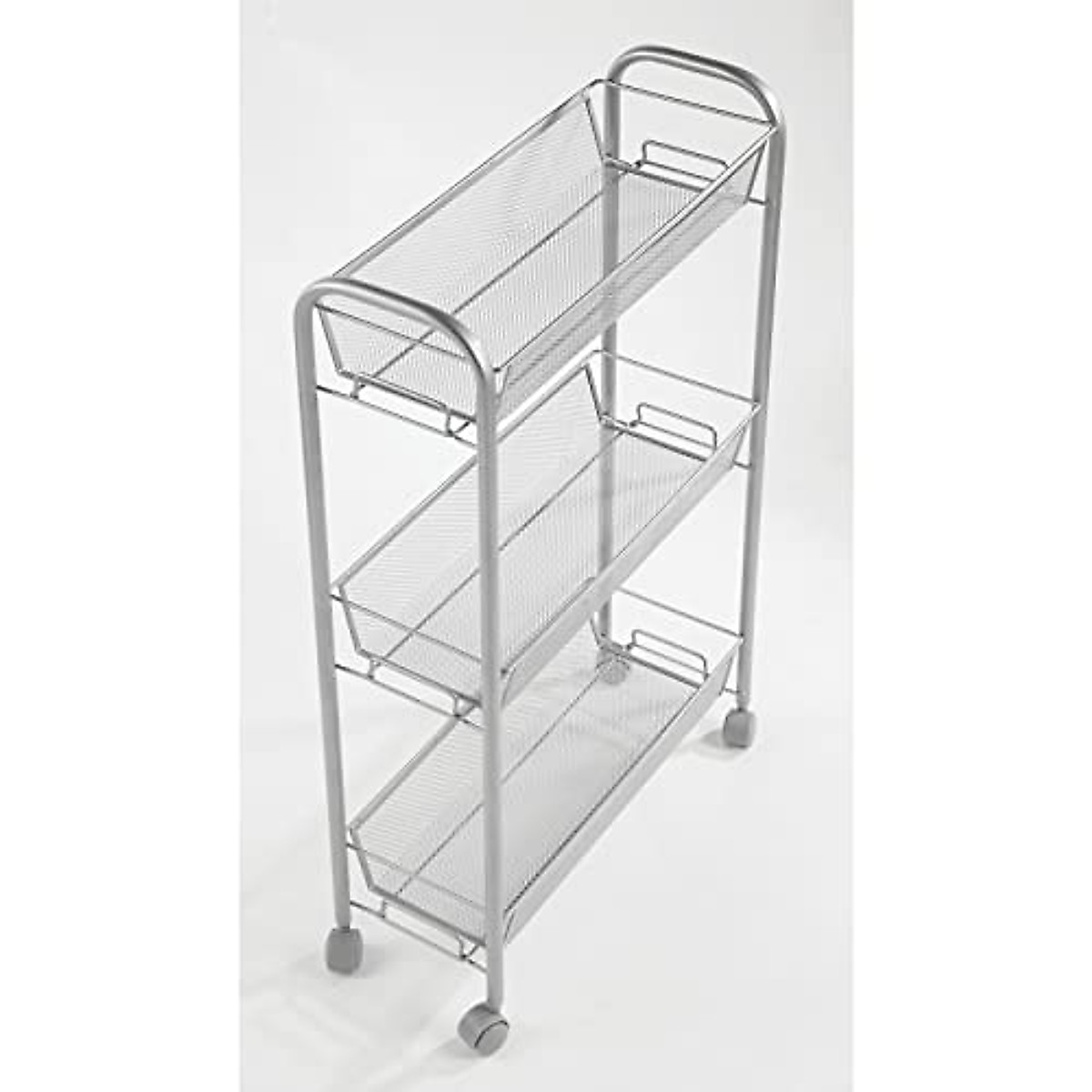 mDesign Steel Rolling Utility Cart Storage Organizer Trolley with 3 Basket Shelves for Laundry Room, Mudroom, Garage, Bathroom Organization - Holds Detergents, Hand Soap - Biro Collection, Silver