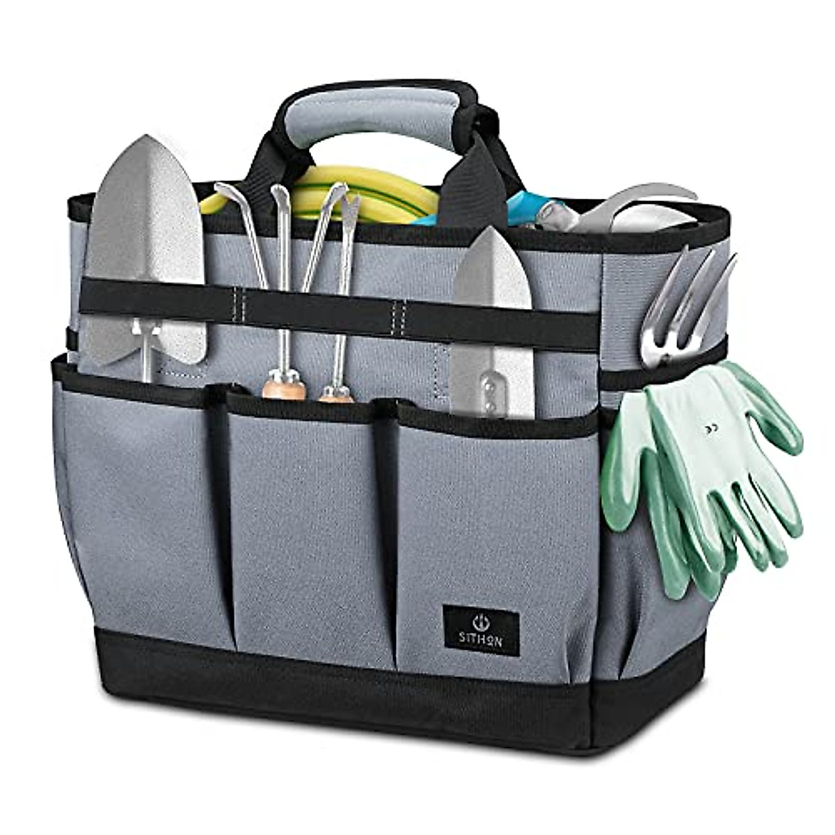 SITHON Gardening Tote (Bag Only), Garden Tool Kit Holder Home Organizer Storage Carrier with Handle 8 Roomy Pockets, Heavy Duty Wear Resistant for Indoor Outdoor Gardening (Gray/Black)