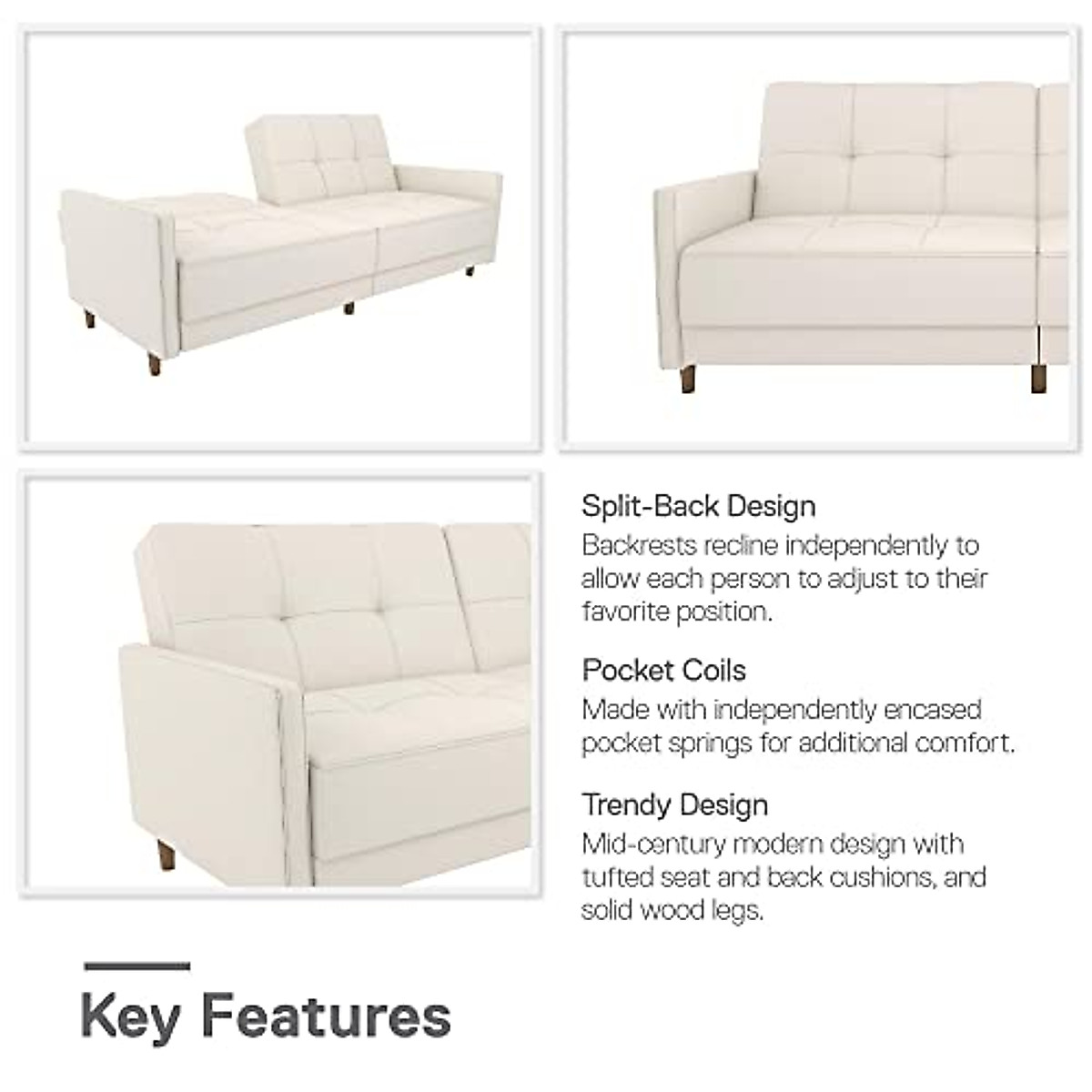 DHP Andora 76 Inch Futon Sofa Bed in Faux Leather, Modern Upholstered Couch Sleeper with Button Tufted Back and Seat, White